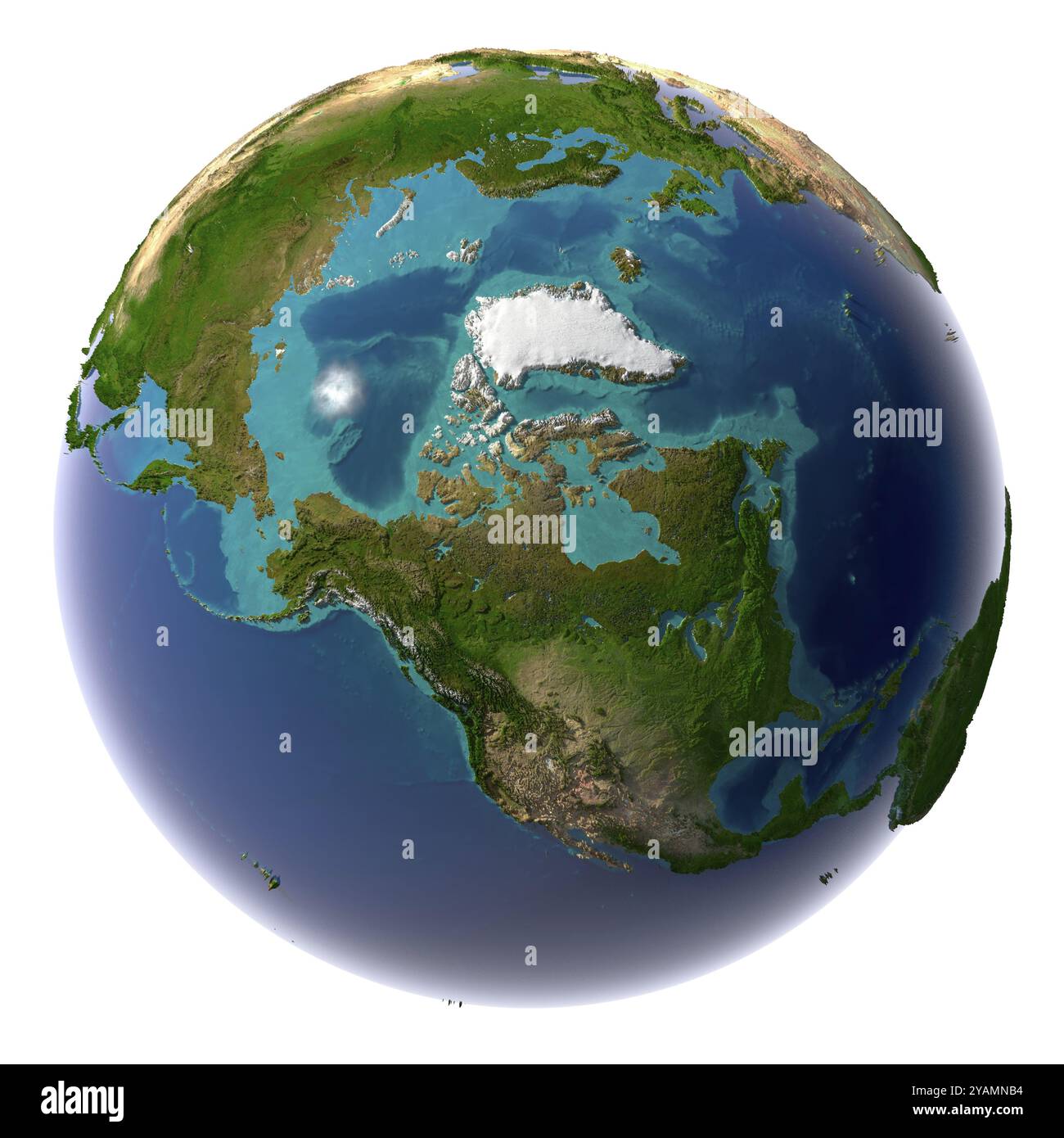 Earth with translucent water in the oceans and the detailed topography ...