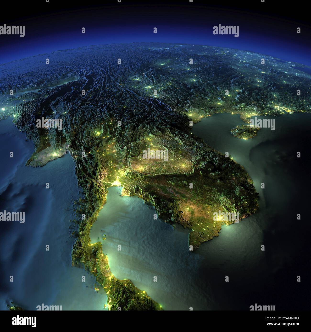 Highly detailed Earth, illuminated by moonlight. The glow of cities ...