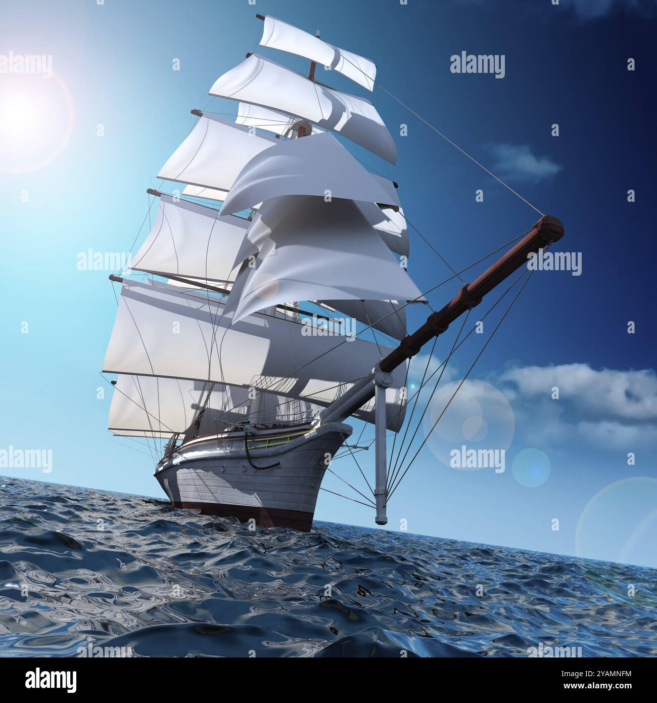 Sailing ship in the vast ocean with small waves is getting all the ...