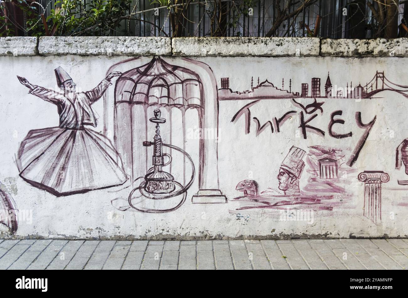 Graffiti with turkish symbols and landmarks on a wall in Istanbul ...