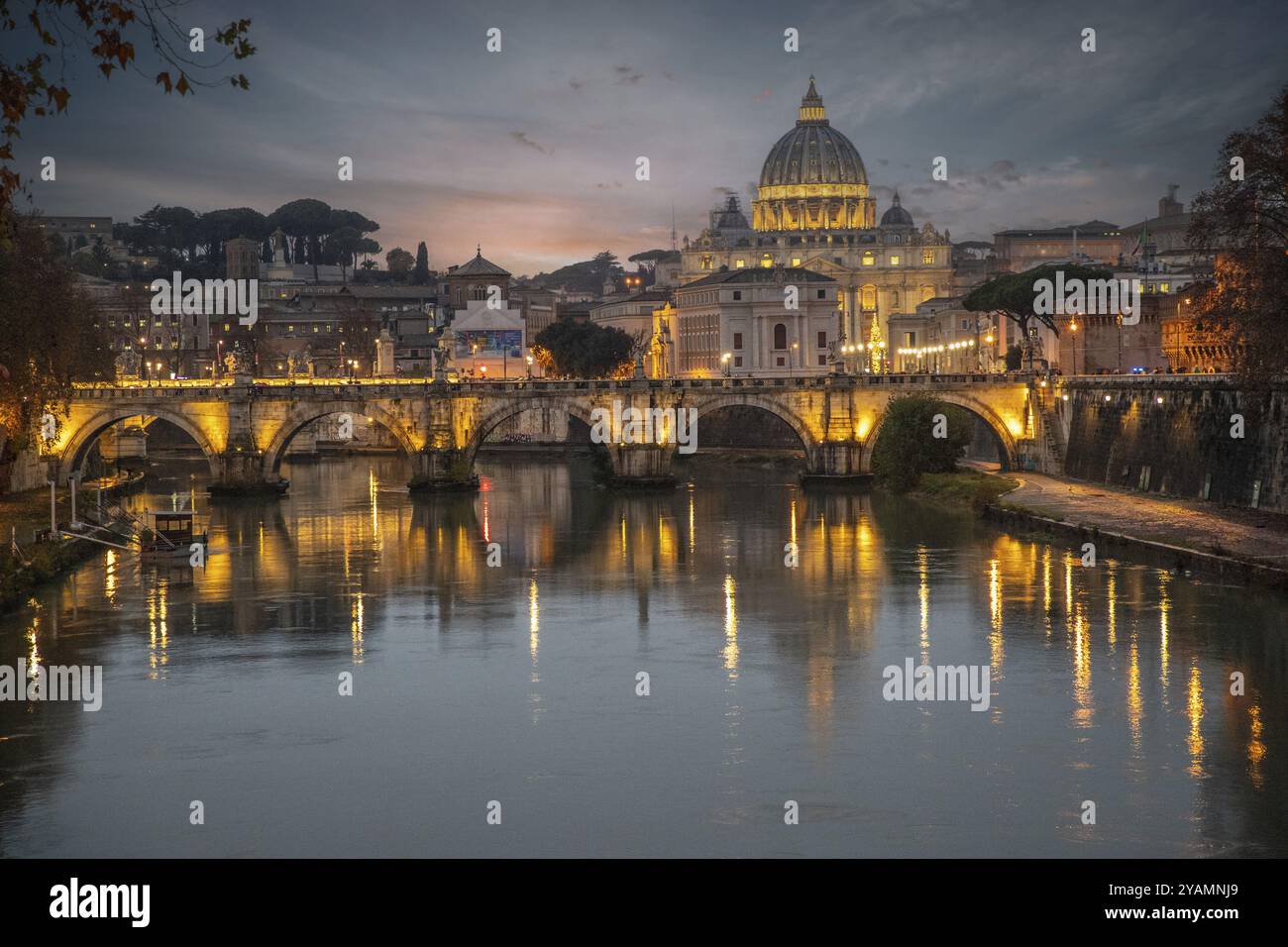 View over the river Tiber in a historic city. The old famous bridge ...