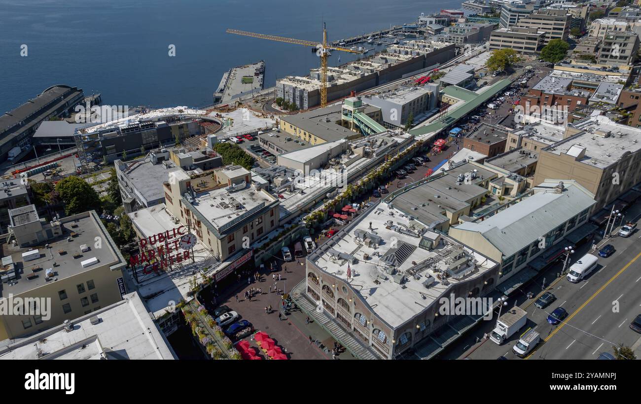 Aerial view of Pike Place Market in Seattle, Washington, United States ...