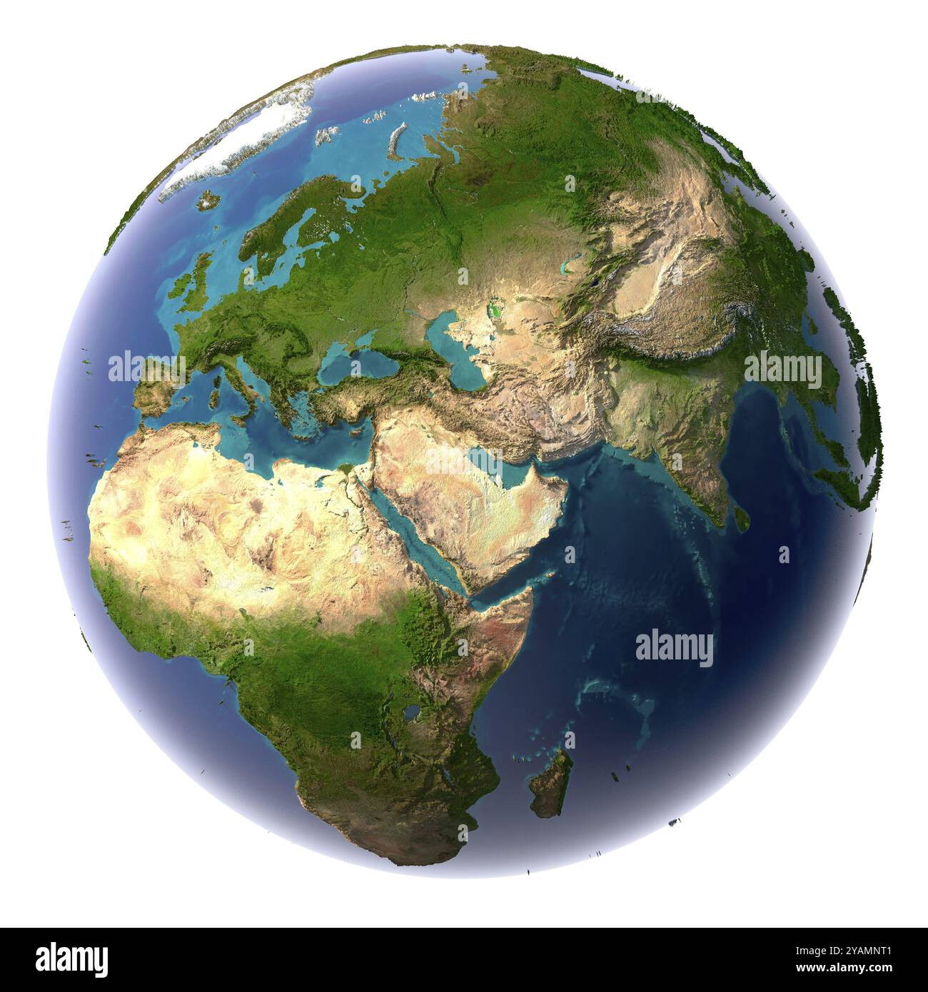 Earth with translucent water in the oceans and the detailed topography ...