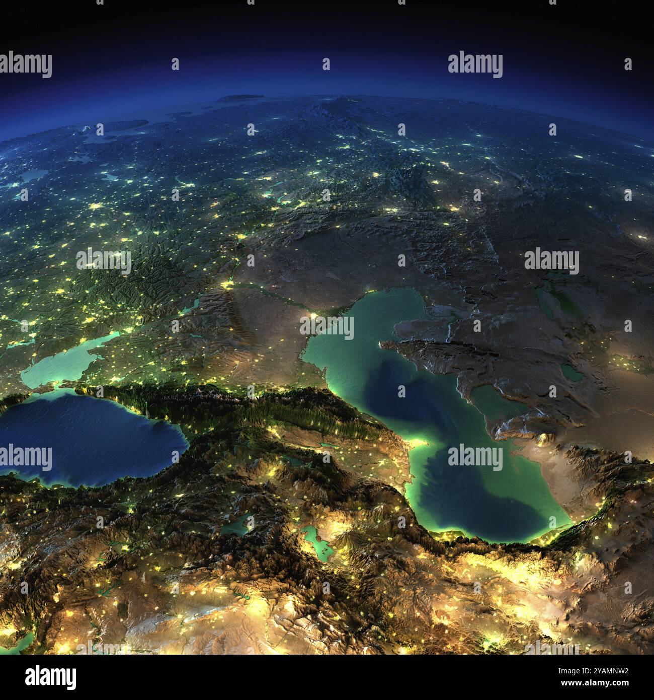 Highly detailed Earth, illuminated by moonlight. The glow of cities ...