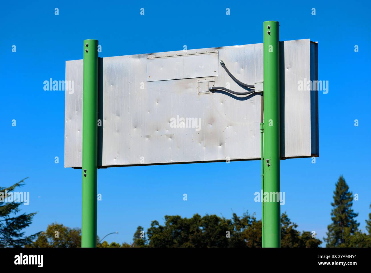Sports field scoreboard from the reverse angle, revealing its metal ...