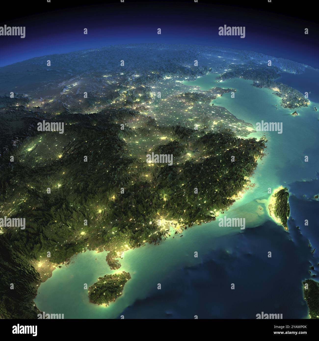 Highly detailed Earth, illuminated by moonlight. The glow of cities ...