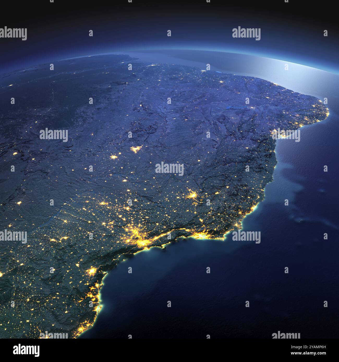 Night planet Earth with precise detailed relief and city lights ...