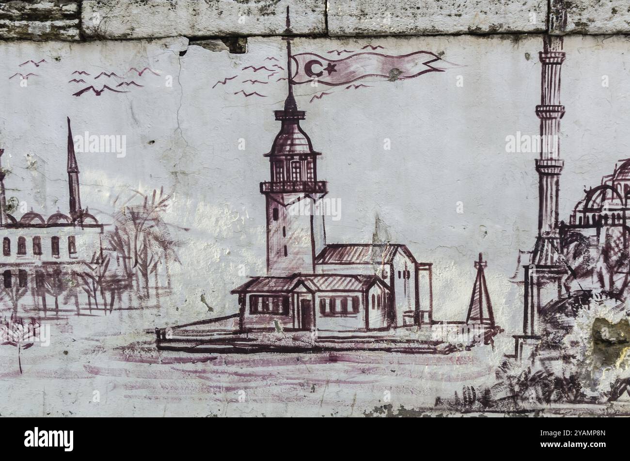 Graffiti with turkish symbols and landmarks on a wall in Istanbul ...