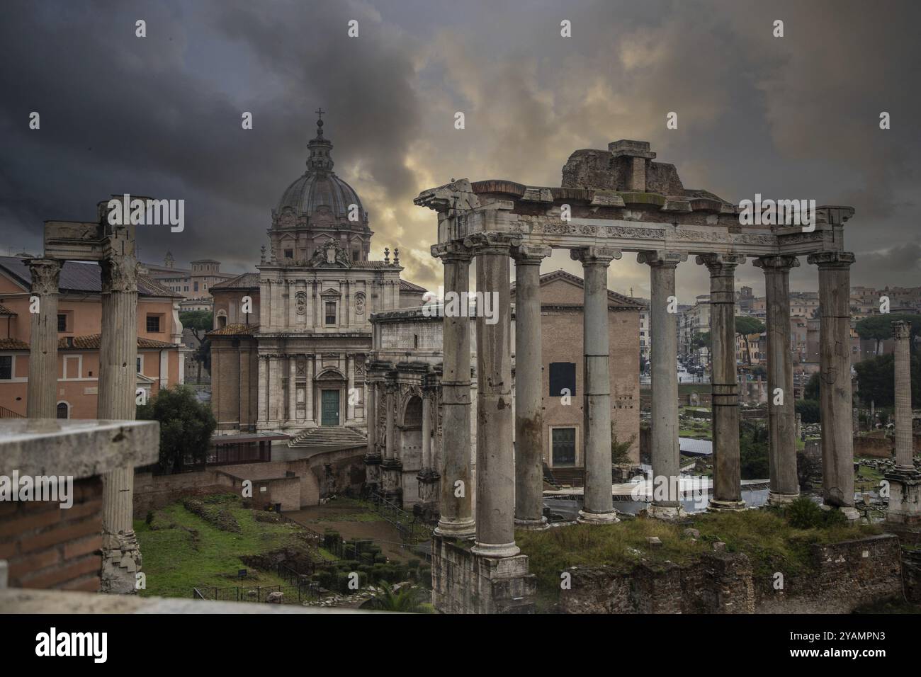 Rainy weather in the morning, sunrise in an old historic city ...