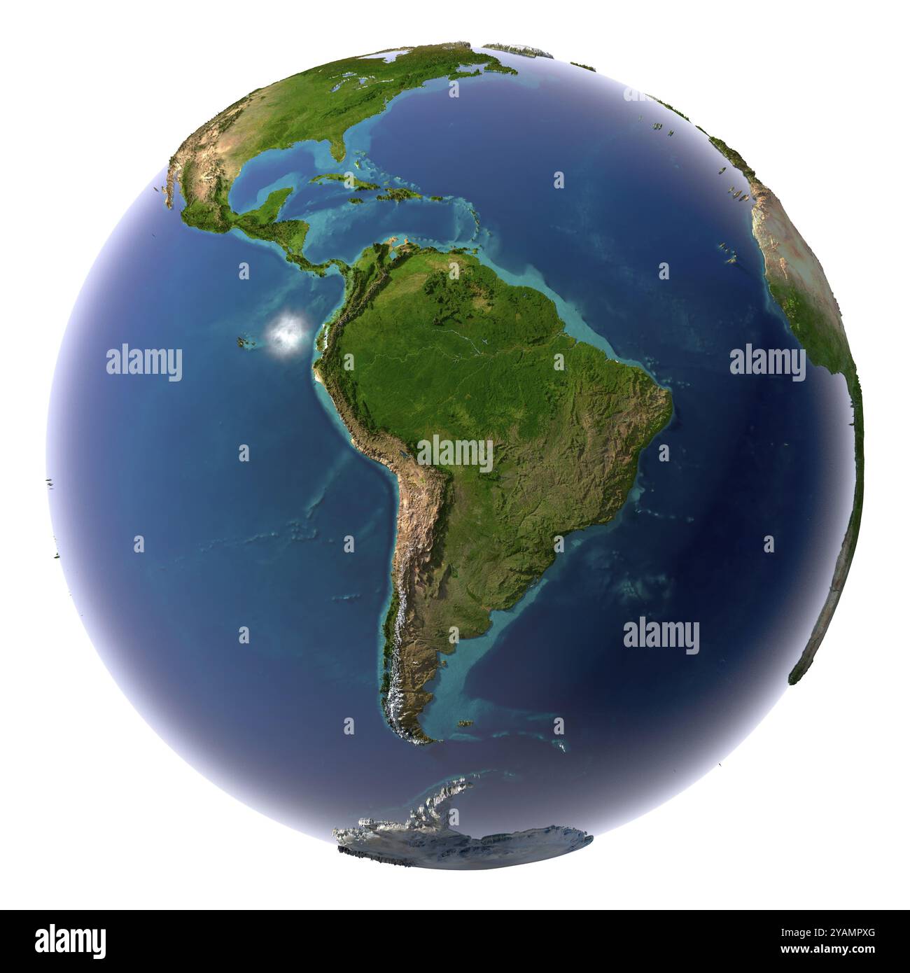 Earth with translucent water in the oceans and the detailed topography ...