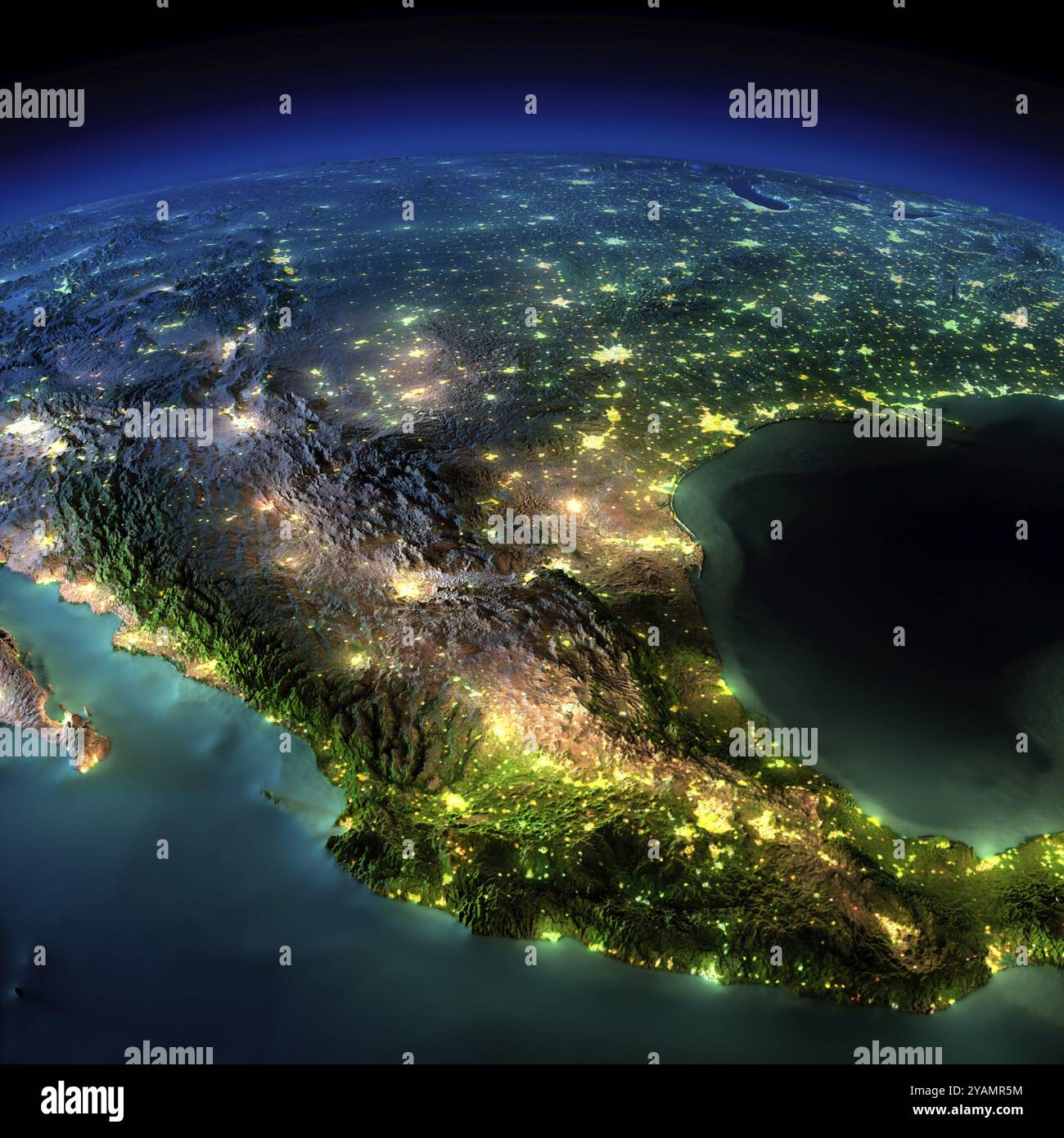 Highly detailed Earth, illuminated by moonlight. The glow of cities ...