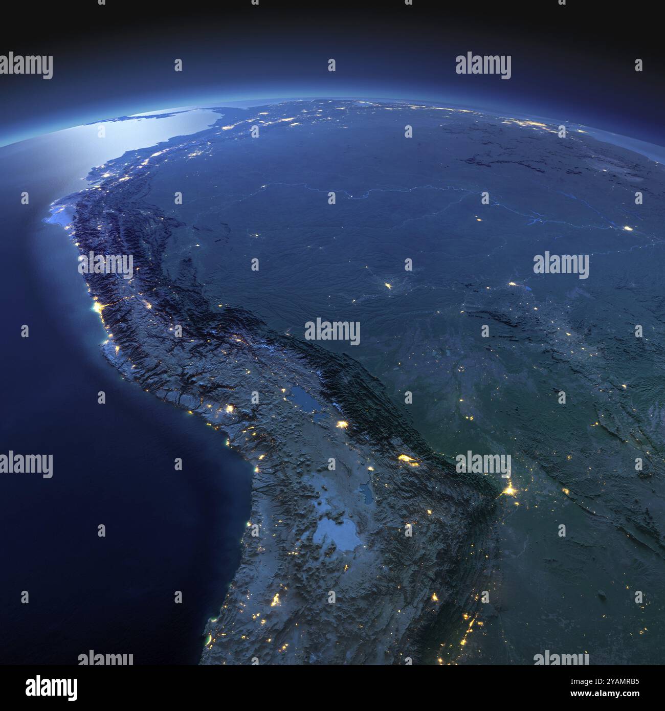 Night planet Earth with precise detailed relief and city lights ...