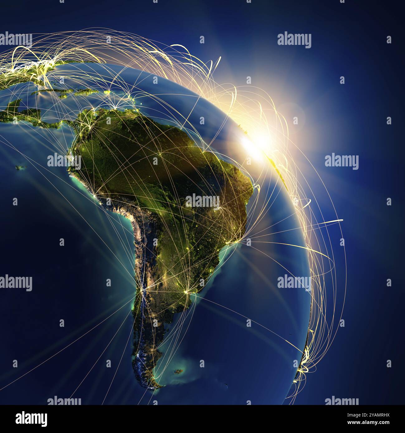 Highly detailed planet Earth at night, lit by the rising sun, with ...
