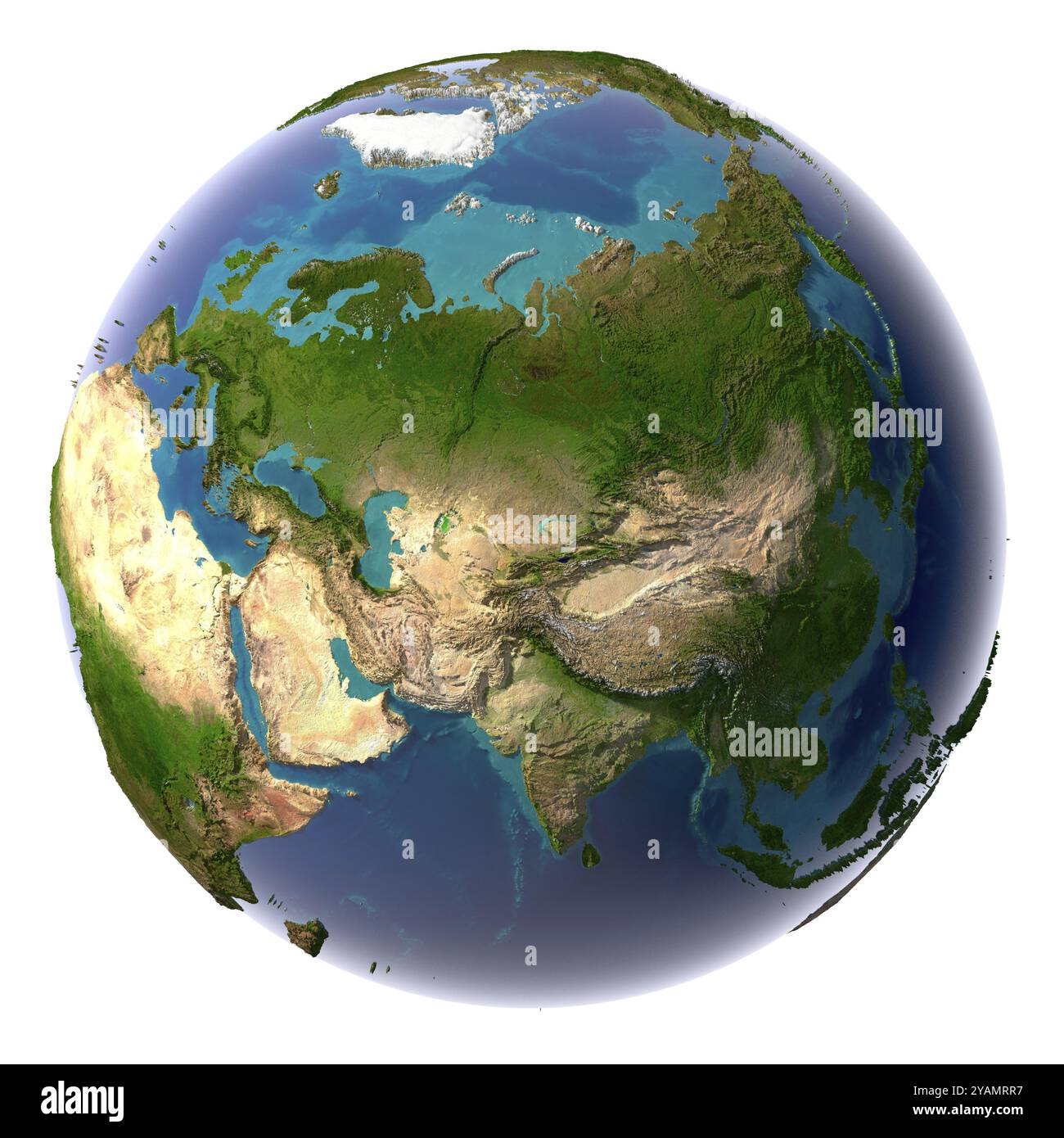 Earth with translucent water in the oceans and the detailed topography ...