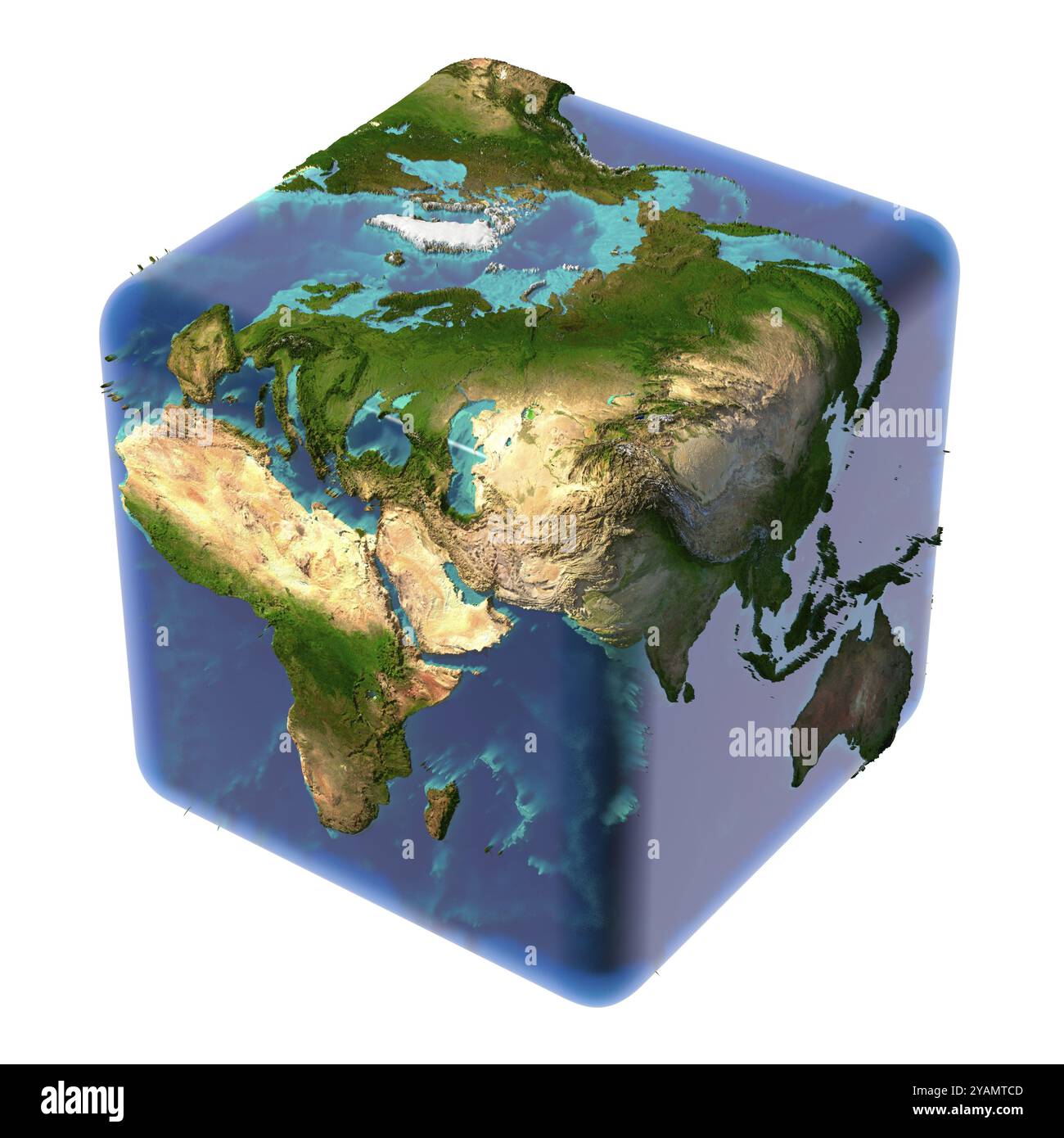 Earth as a cube with translucent body of water and a detailed relief ...