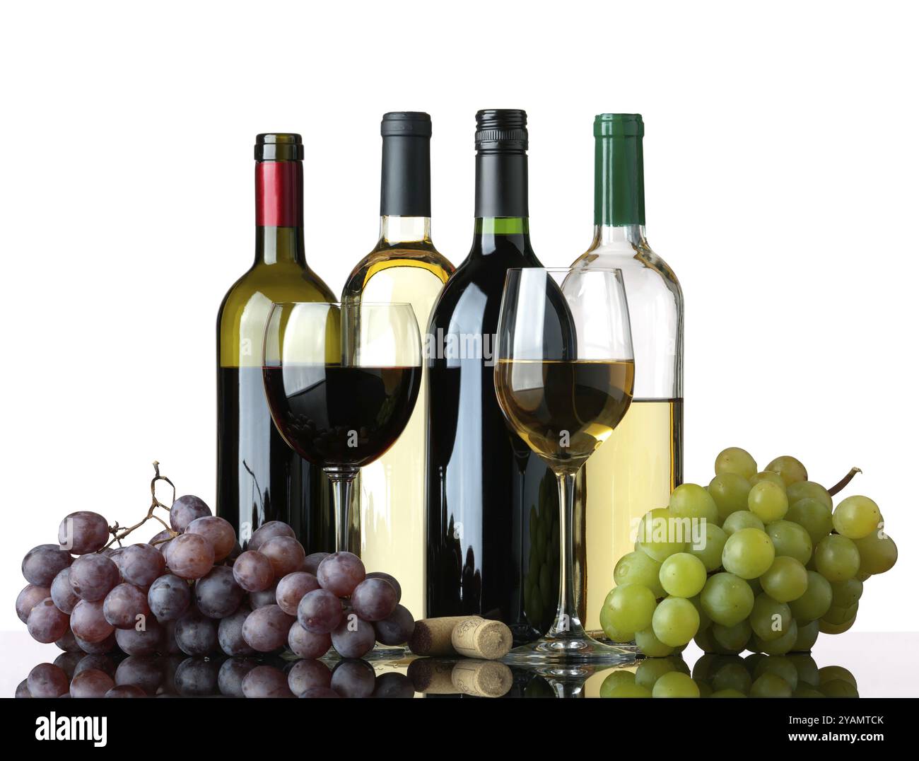 Several bottles of white and red wine, two glasses and grapes isolated ...