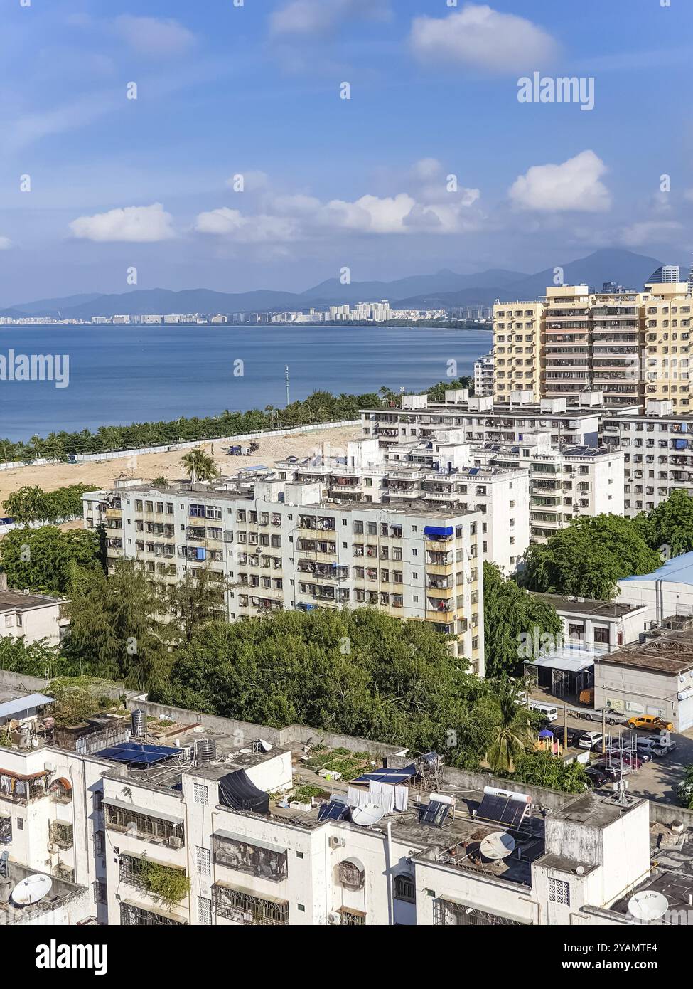 Scenic top panorama seascape and cityscape view of Sanya city on Hainan ...