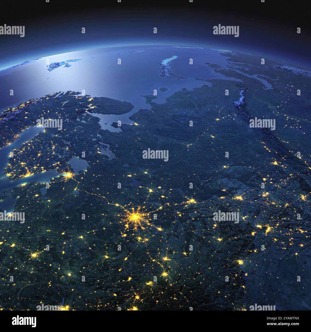 Night planet Earth with precise detailed relief and city lights ...