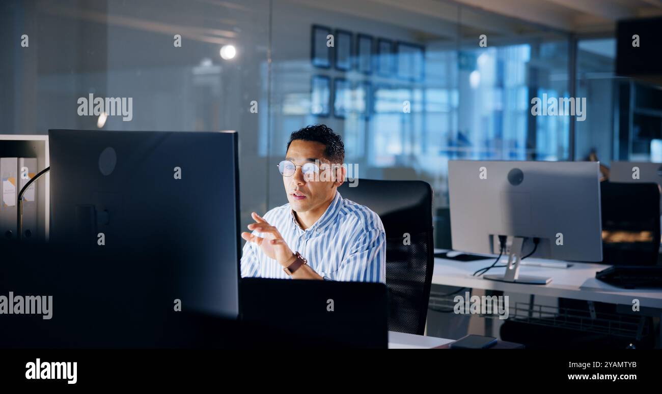 Research, night and computer with business man in office for profit ...