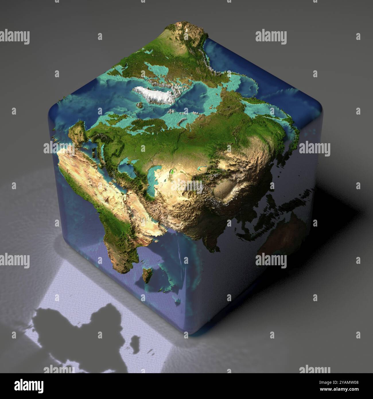 Earth is a cube with translucent water of the oceans and highlights of ...