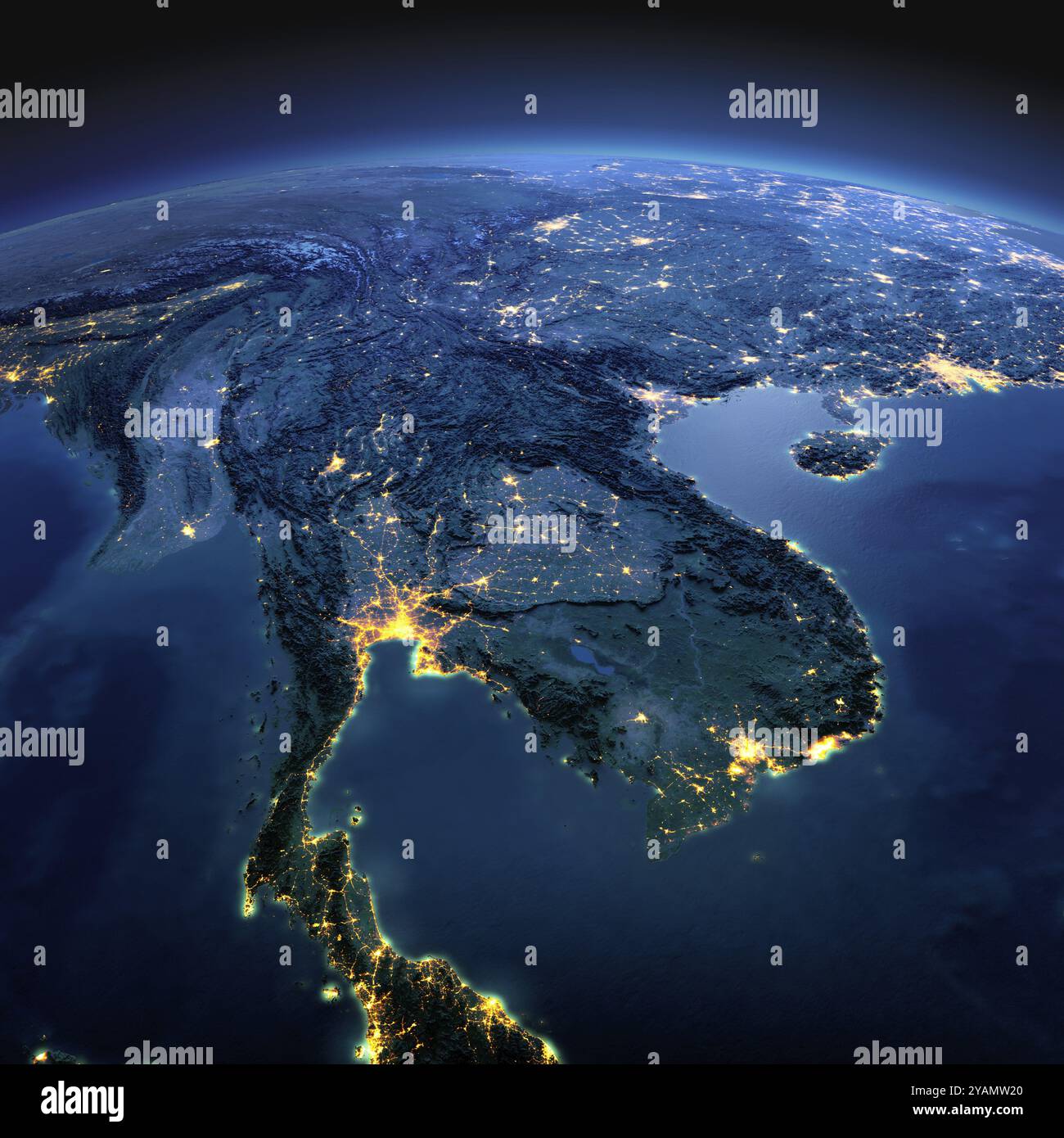 Night planet Earth with precise detailed relief and city lights ...