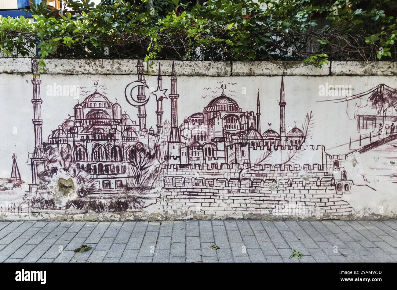 Graffiti with turkish symbols and landmarks on a wall in Istanbul ...