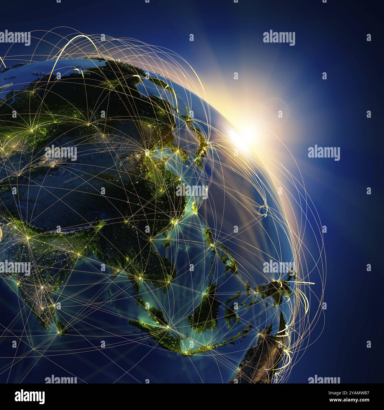 Highly detailed planet Earth at night, lit by the rising sun, with ...