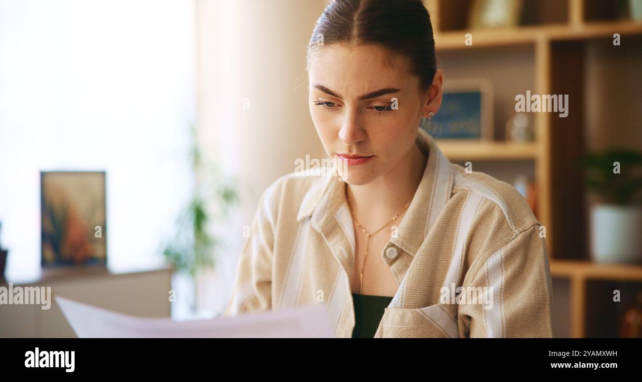 Planning, reading and woman with paperwork in home for finance budget ...