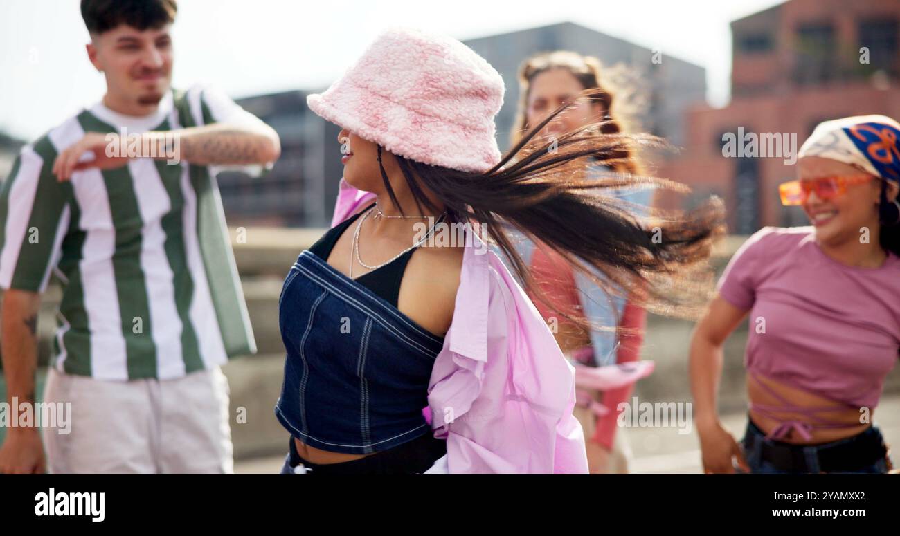 Happy, woman and friends for dancing outdoor with movement, creative ...