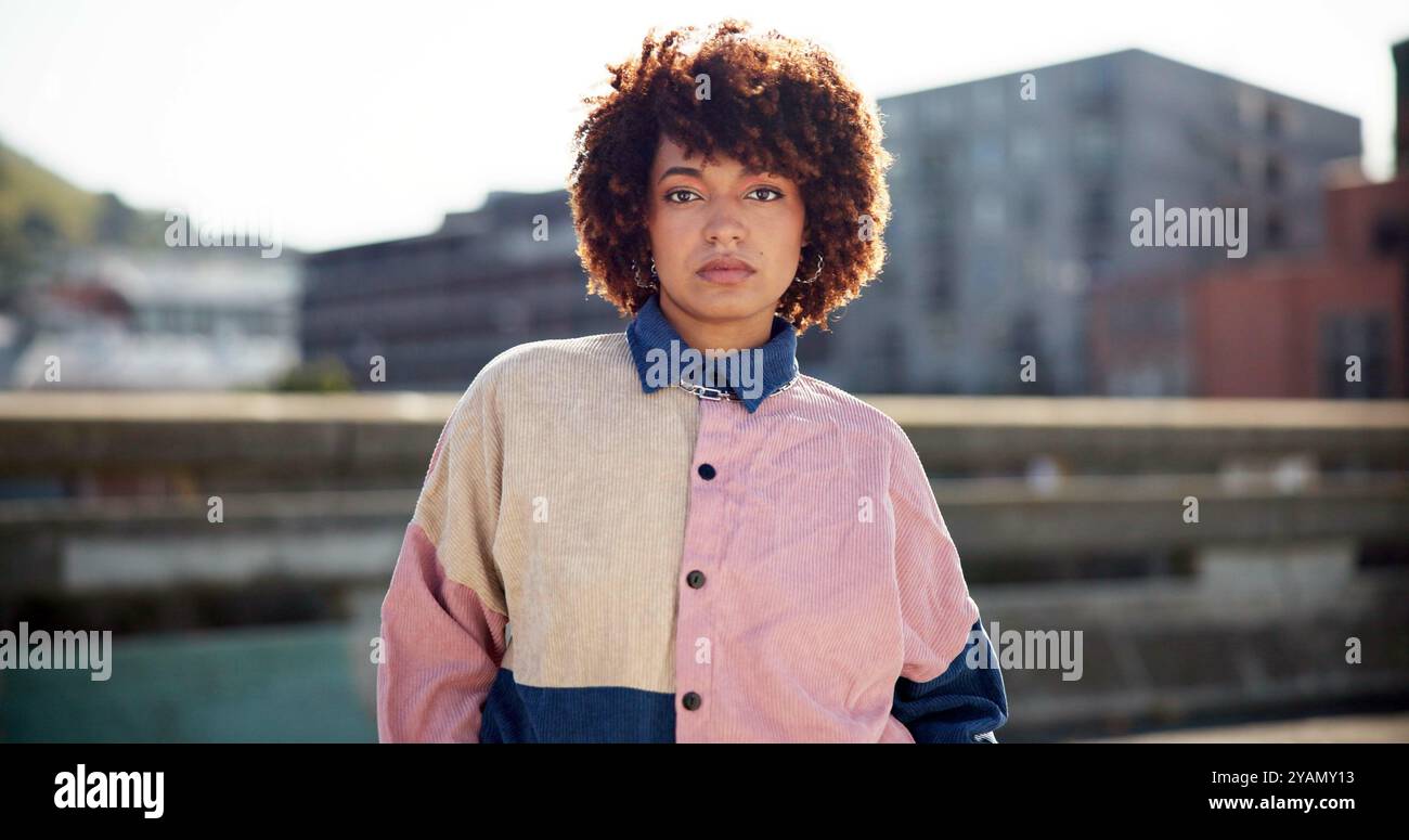 Fashion, serious and portrait of woman in city with casual outfit ...