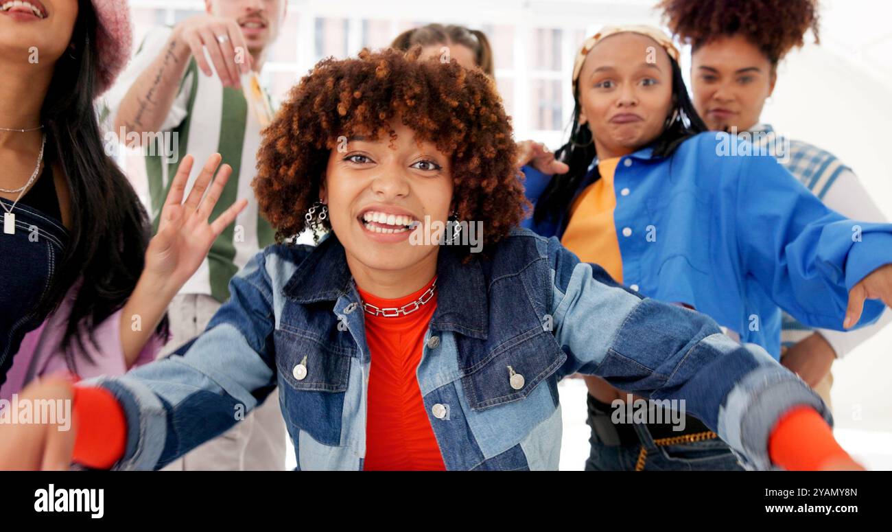 Goofy, friends and smile with selfie for photography, social media post ...