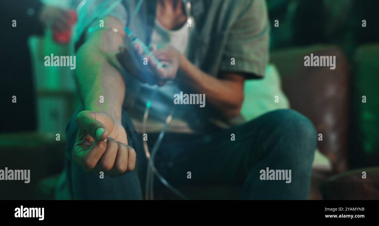 House, man and hands with injection for drugs in living room with ...