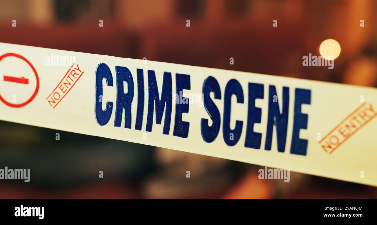 House, tape and crime scene for investigation, evidence and barricade ...