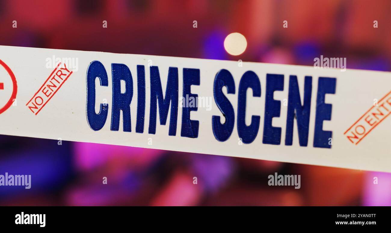 Apartment, tape and crime scene for investigation, evidence and ...