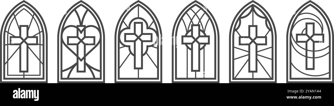 Church glass window with catholic cross. Gothic cathedral arch with ...