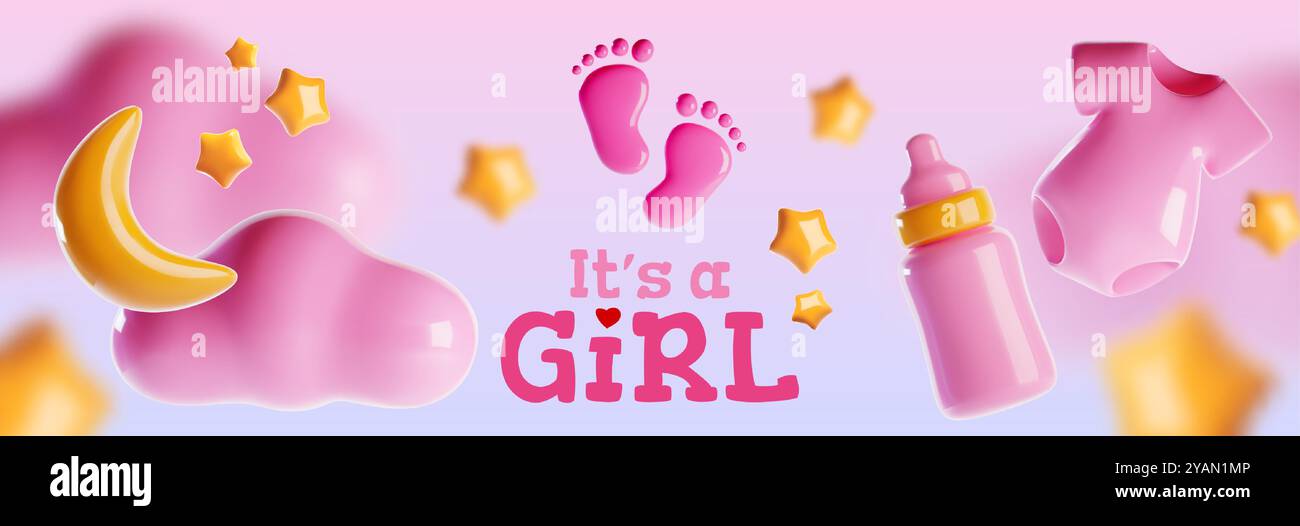 Baby girl birthday banner. Vector realistic illustration of pink 3D ...