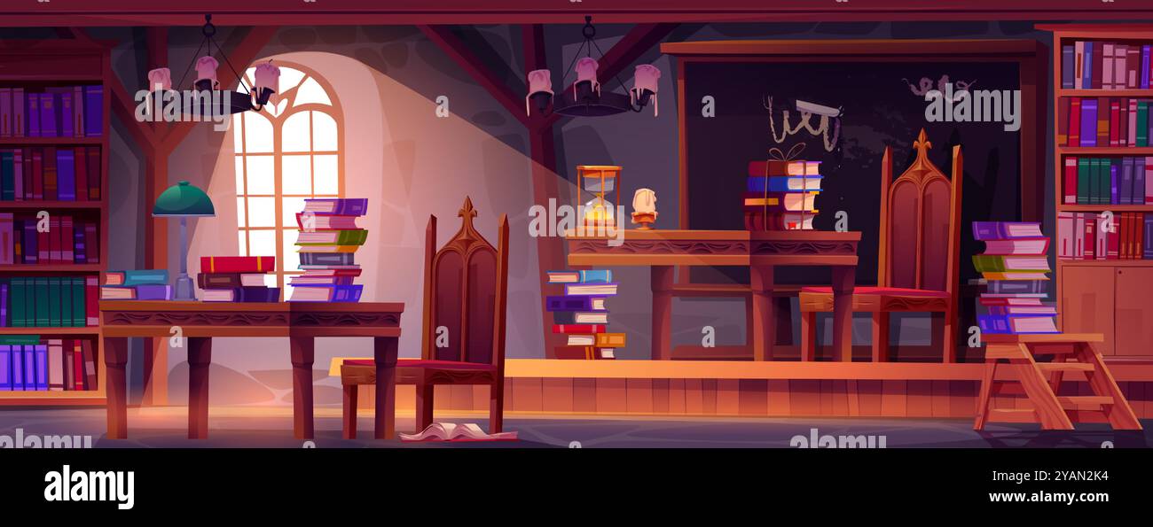 Magic school classroom with old books. Vector cartoon illustration of ...