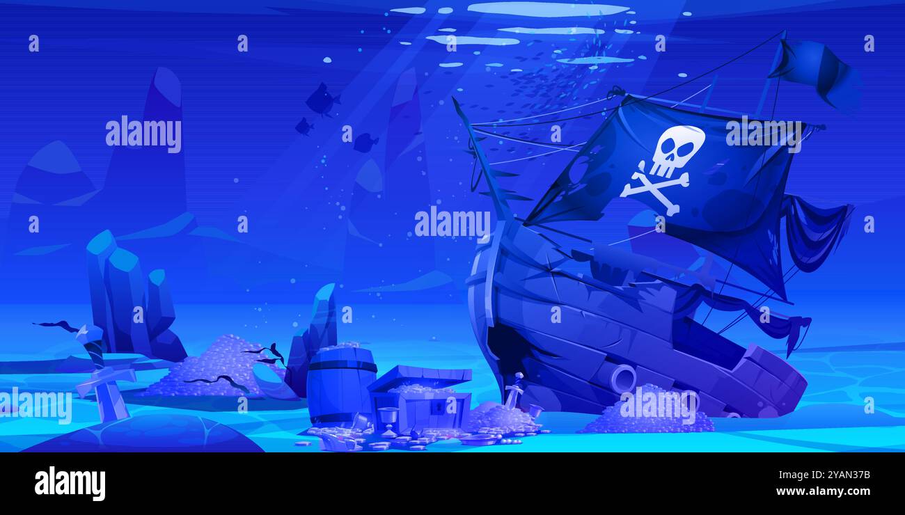 Sunken pirate ship with broken wooden deck lying underwater on sea ...