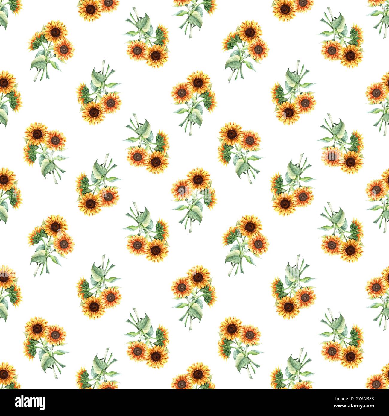 Watercolor seamless pattern with bouquets of sunflowers. Hand drawn ...