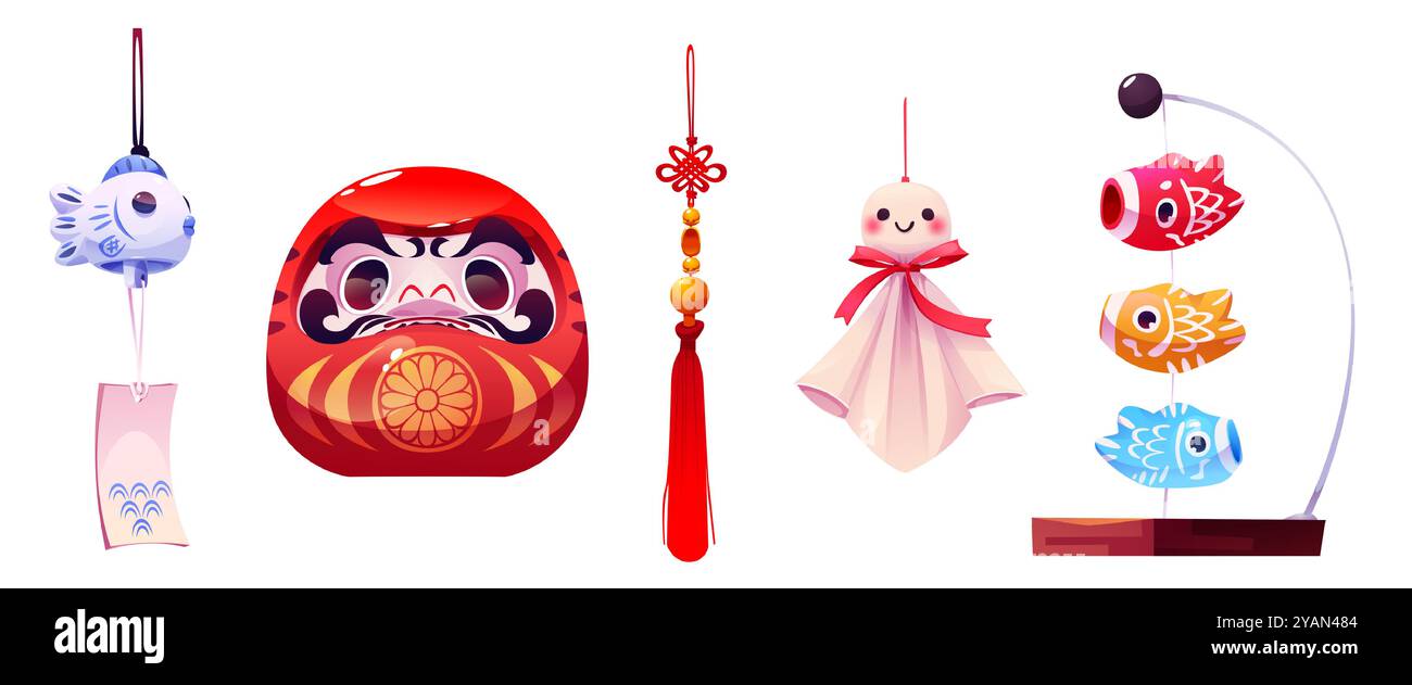 Chinese daruma doll, knot tassel and lucky carp vector decoration set ...