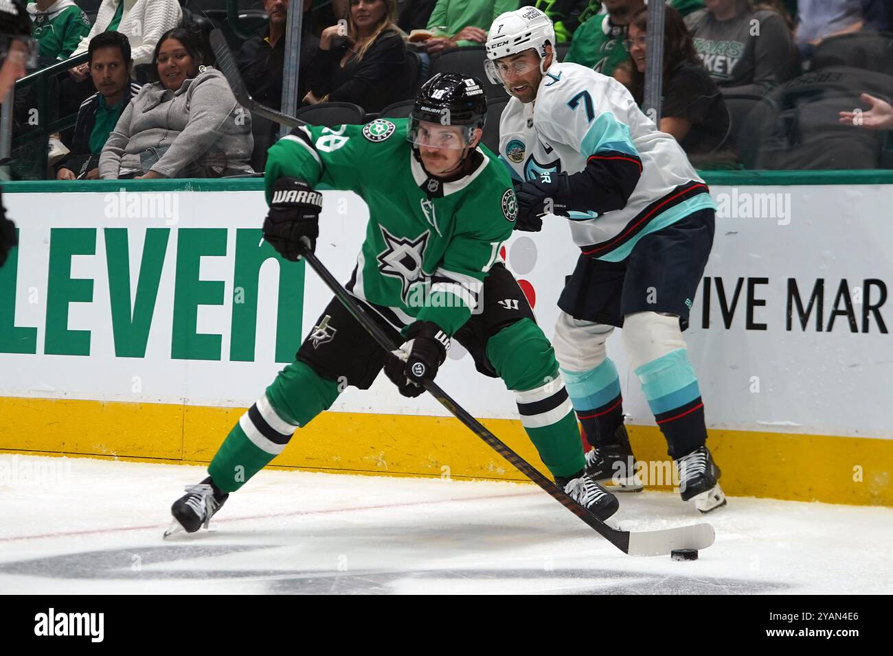 Sam Steel #18 of Dallas Stars skating on the ice whit the puck during ...
