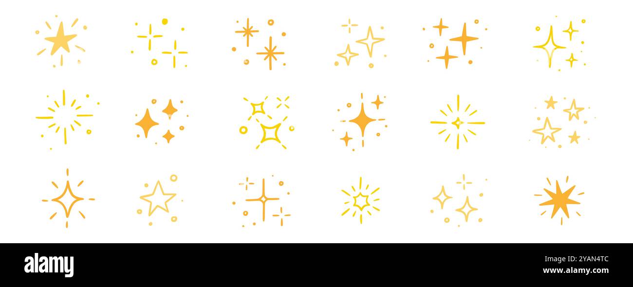 Sparkle star vector element icon. Gold star twinkle glitter spark hand drawn shine icon set ...