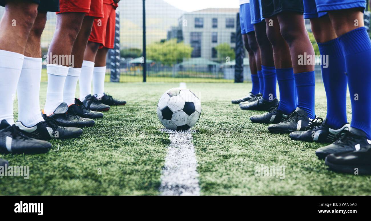 Legs, match and group with ball, field and formation of team, soccer ...