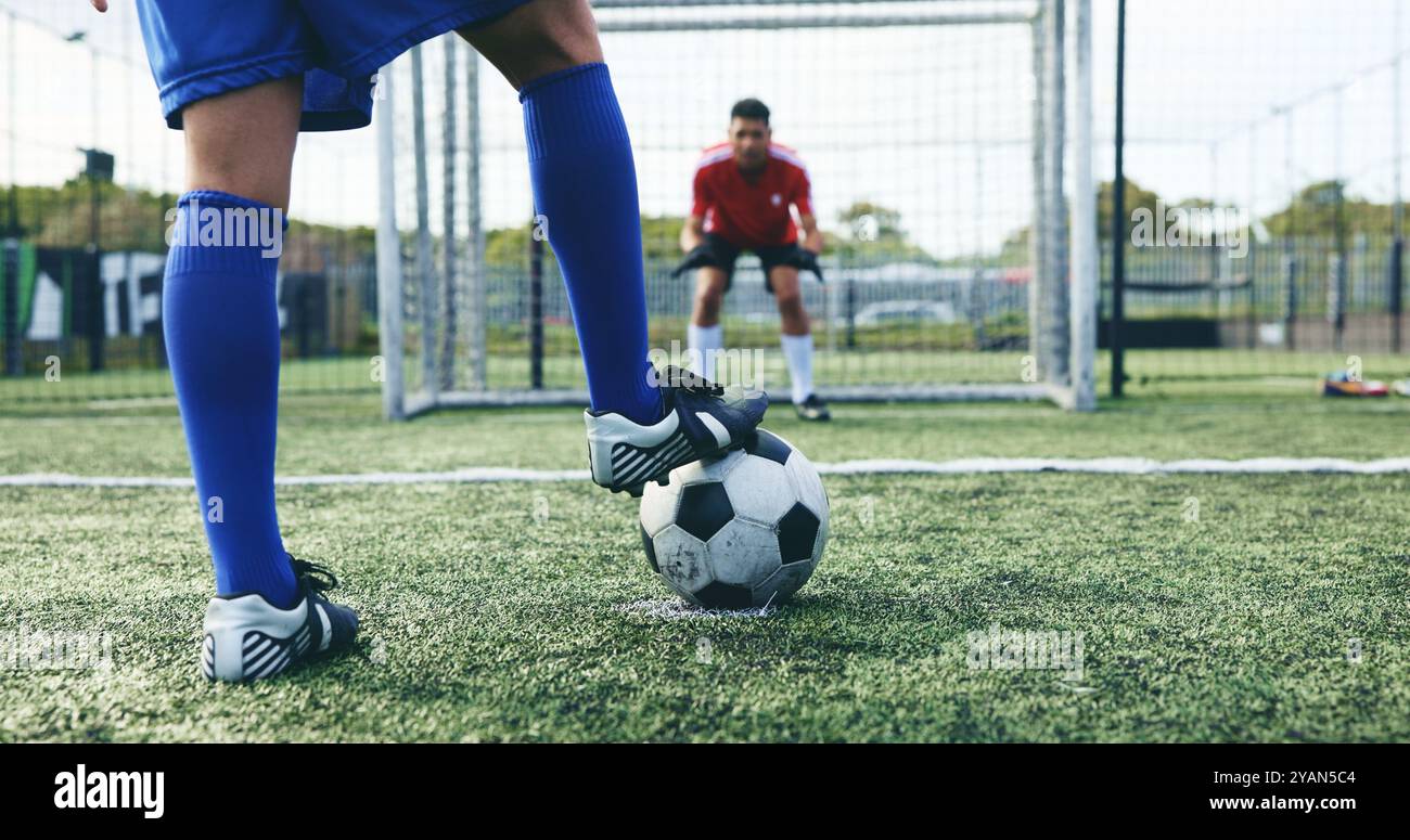 Legs, match and player with ball, goalkeeper and free kick in soccer ...