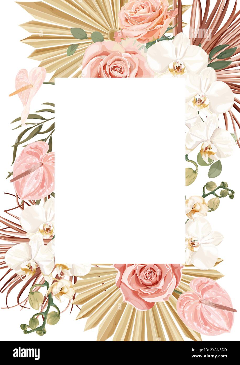A wedding vector frame in boho style with flowers pink roses, white ...