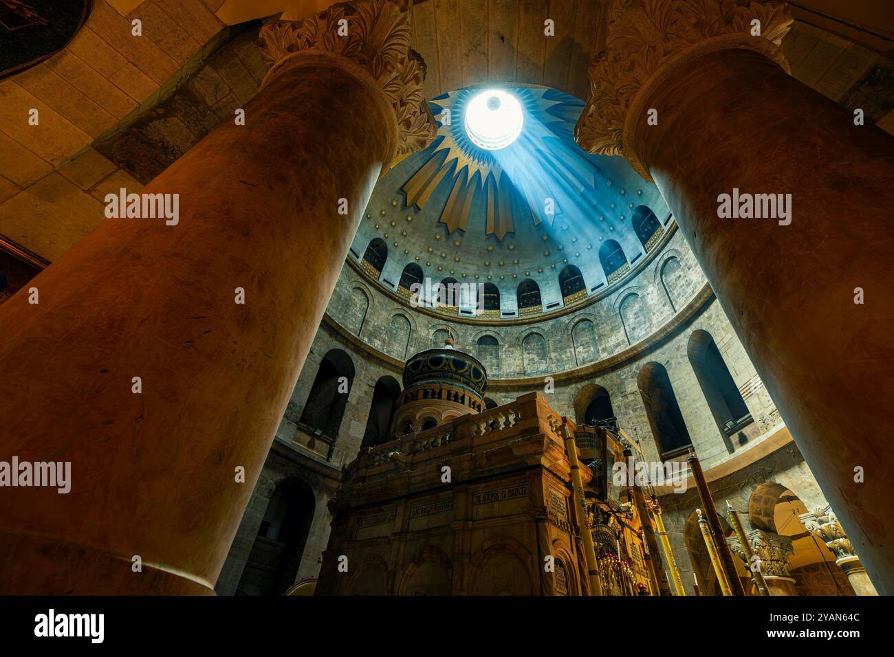 View of the Jesus's tomb among ancient columns under the dome with the ...