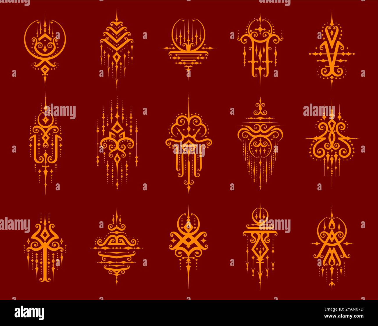 Thai sacred symbols, oriental tattoos and mystic talismans with vector ...