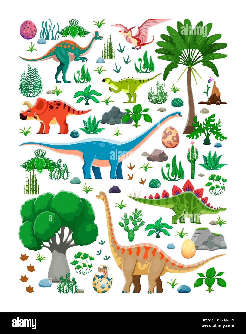 Prehistoric era dinosaur characters and dino lizards in jungle forest ...