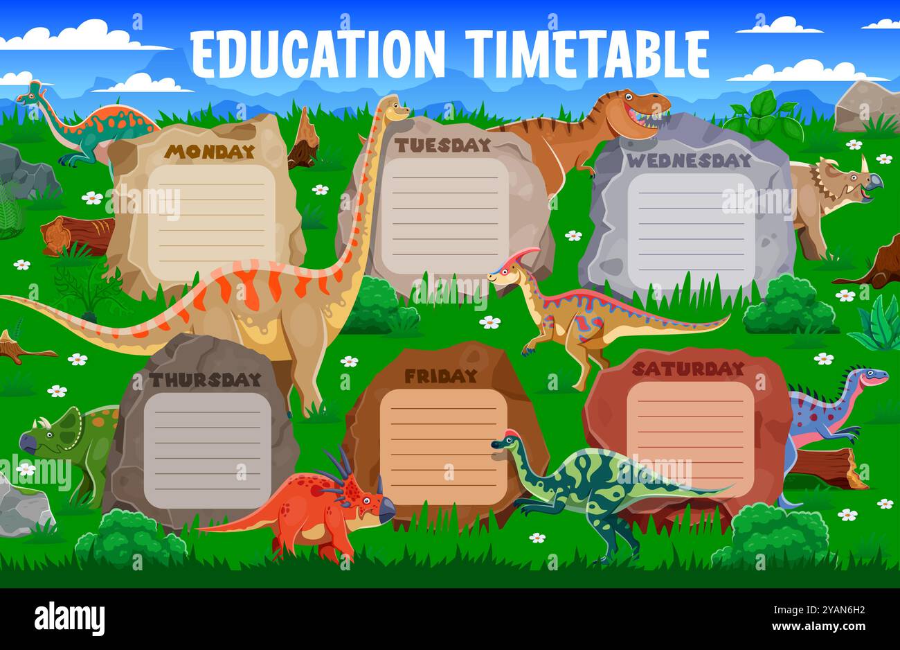 Education timetable schedule with funny prehistoric dinosaurs, vector ...