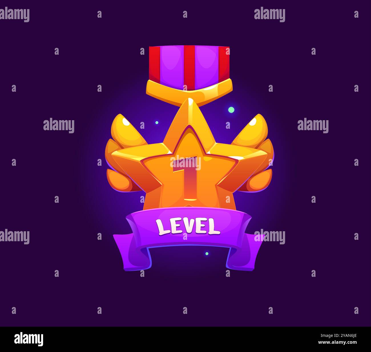 Game rank level up badge icon or victory shield of golden star medal, vector banner. Level 1 ...